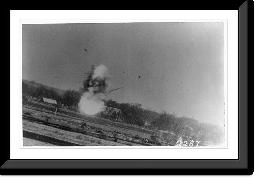Historic Framed Print, [German airplane exploding over open field after ...