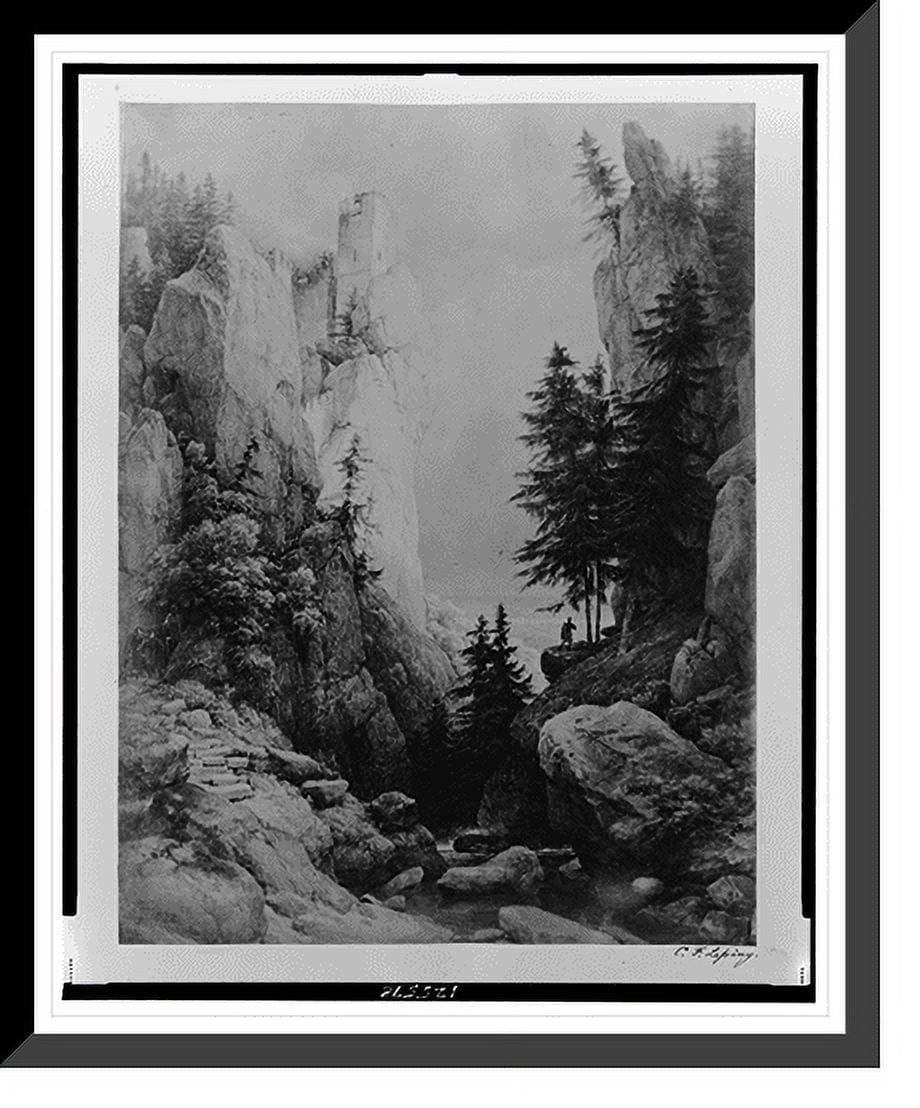 Historic Framed Print, [Gorge with fort on cliff and medieval guard ...