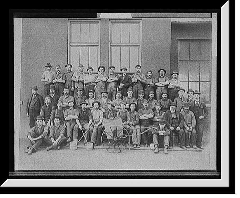 Historic Framed Print, [Group of workers posed with bucket cart outside ...