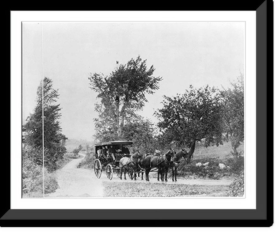 Historic Framed Print, Group of people in carriage, drawn by 4 horses ...