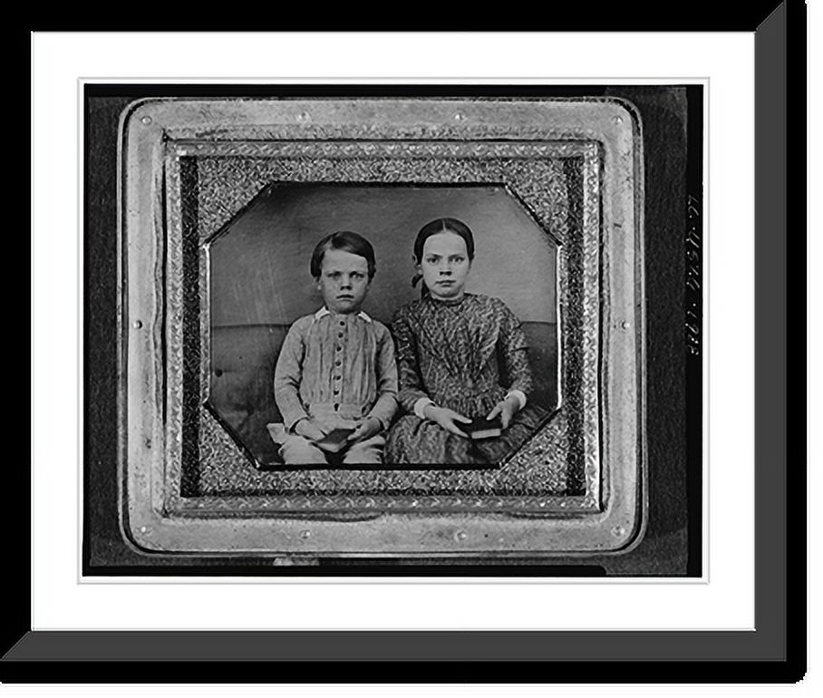 Historic Framed Print, [Group portrait of an unidentified boy and girl ...