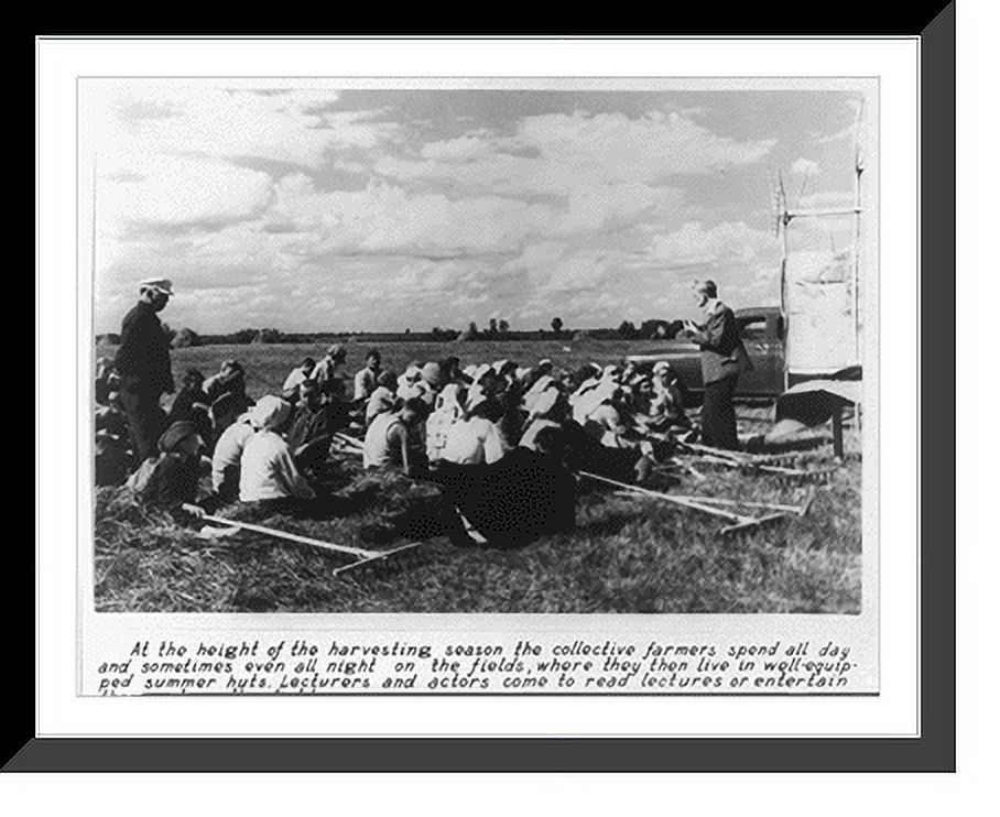 Historic Framed Print, [Group seated in field on a collective farm ...