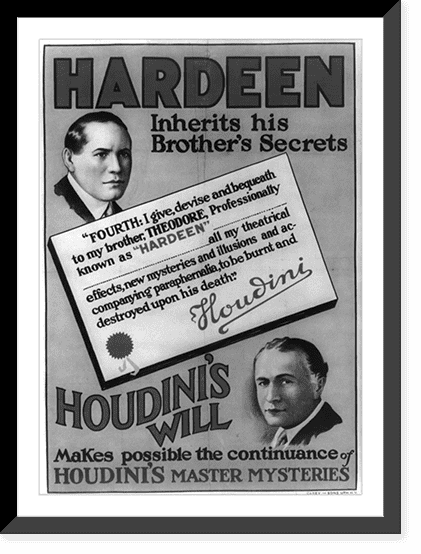 Historic Framed Print, Hardeen inherits his brothers secrets Houdinis ...