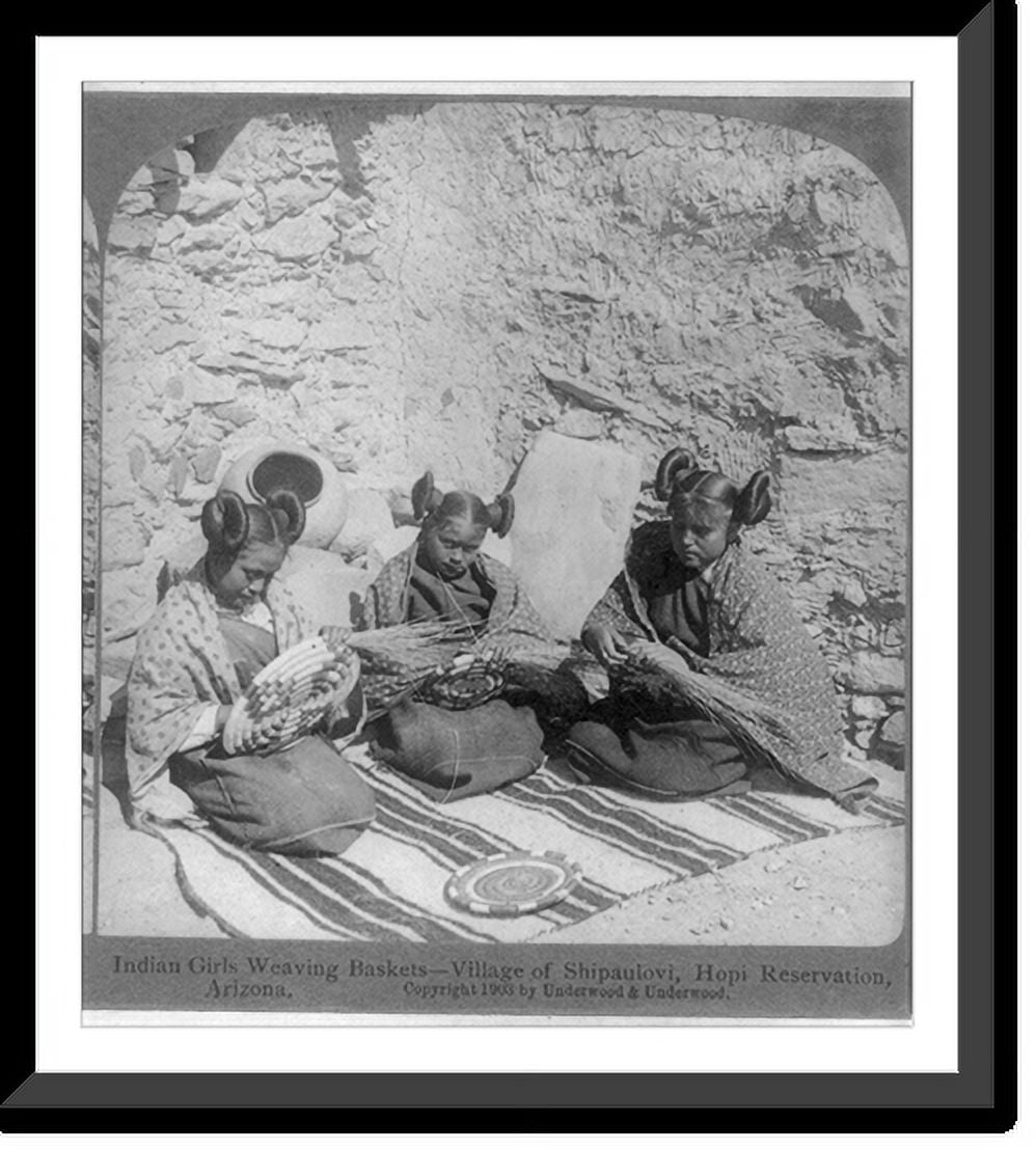 Historic Framed Print, Indian girls weaving baskets, village of ...