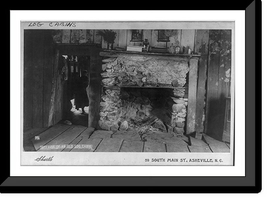 Historic Framed Print, [Interior of an old log cabin, shows fireplace ...