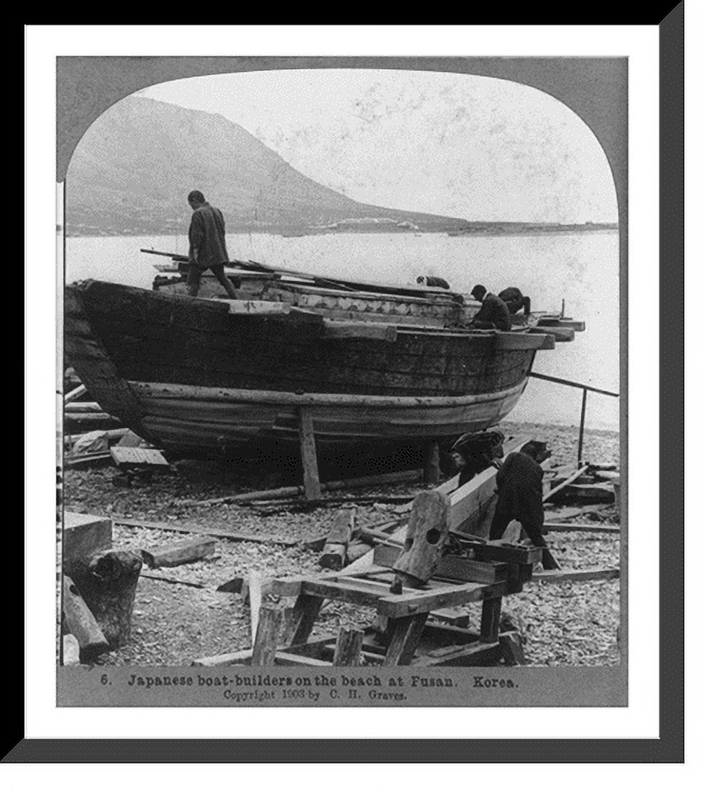 Historic Framed Print, Japanese boat-builders on the beach at Fusan ...
