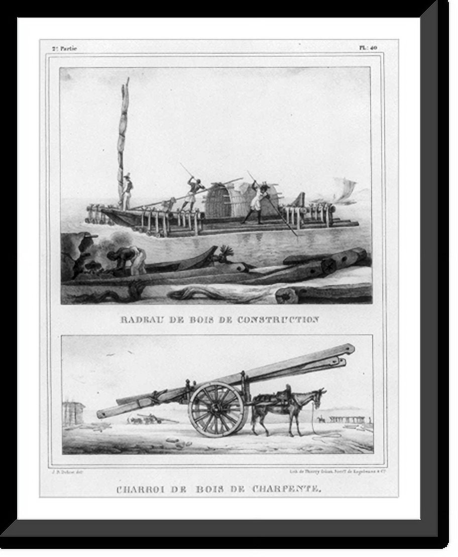 Historic Framed Print, [Large wooden raft; horse-drawn cart loaded with ...