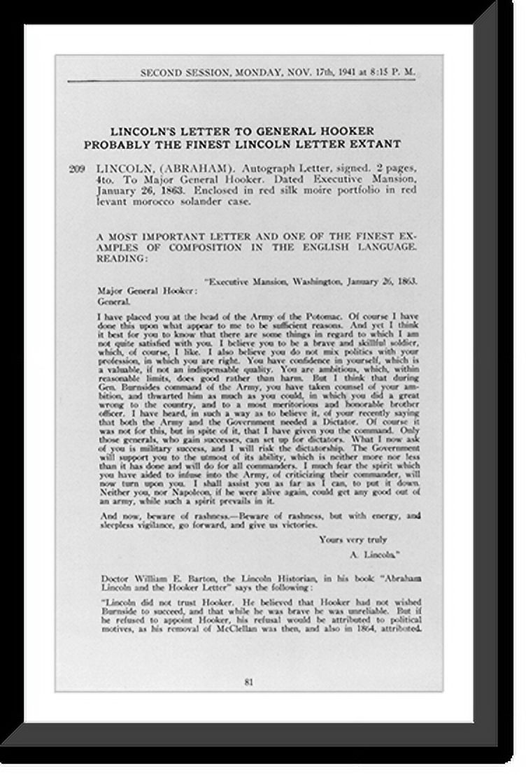 Historic Framed Print, Lincoln's letter to General Hooker, probably the ...