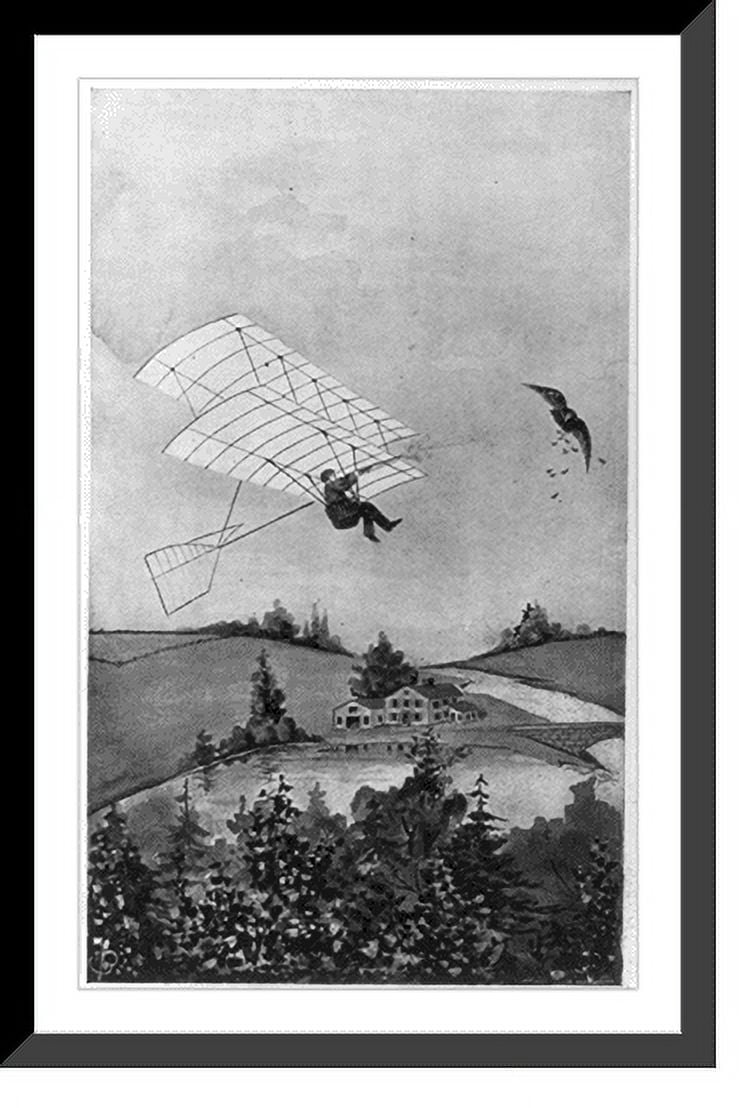 Historic Framed Print, [Man aloft in glider beside bird], 17-7/8" x 21 ...
