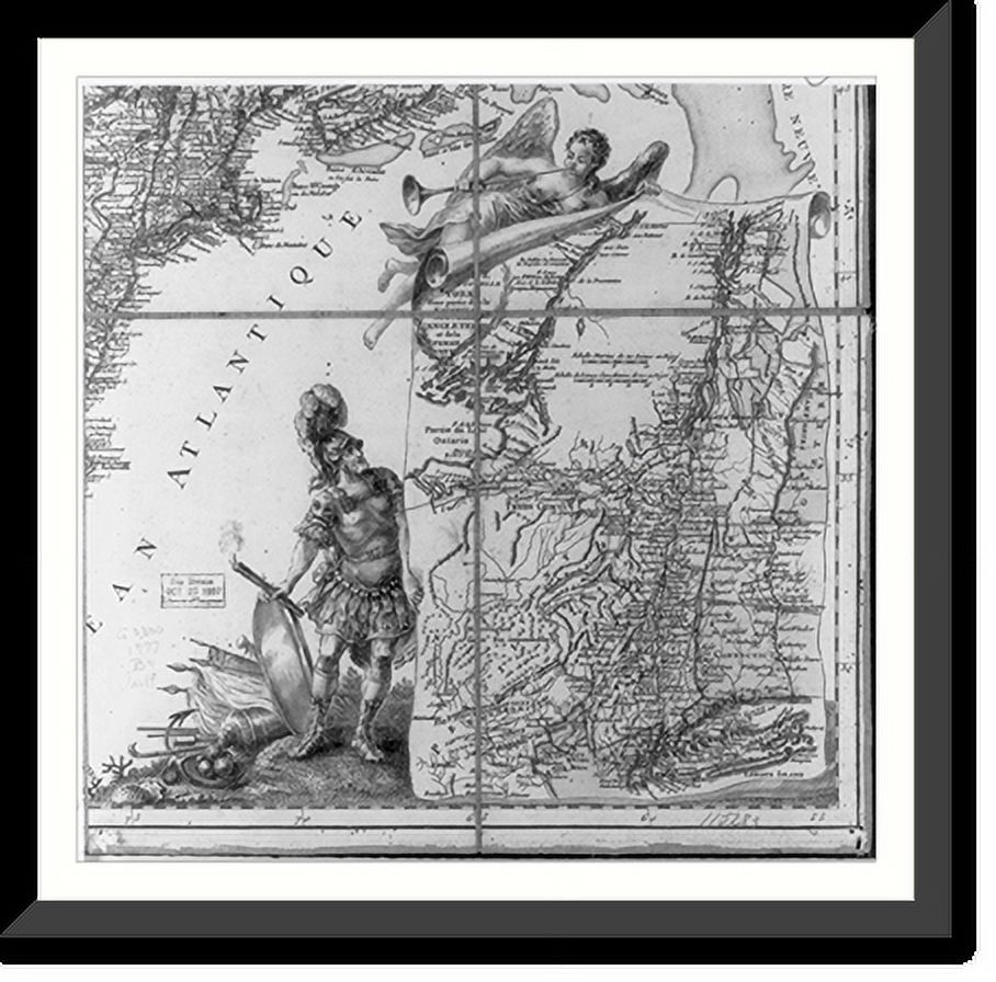Historic Framed Print, [Map ornament - Mars watches Fame unfurl a ...