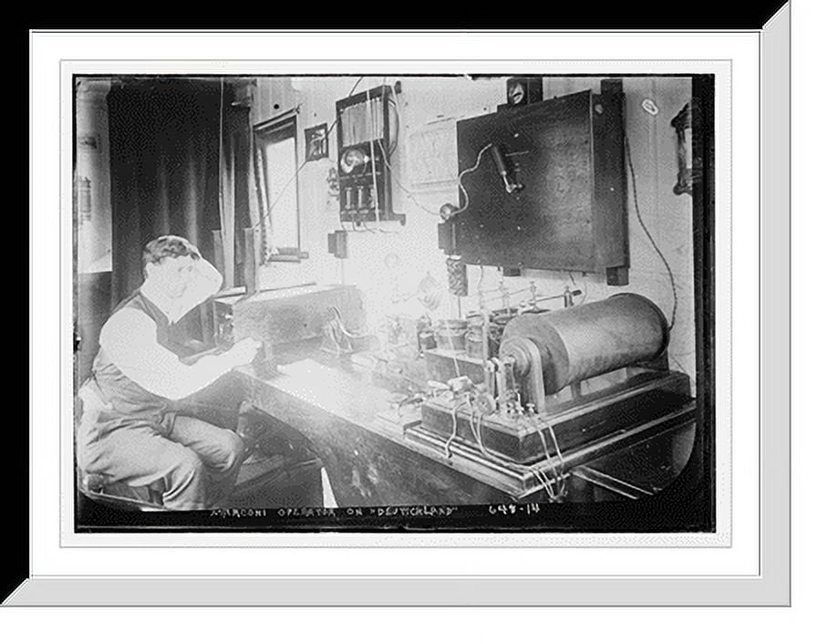 Historic Framed Print, Marconi operator aboard ship "Deutschland", at ...