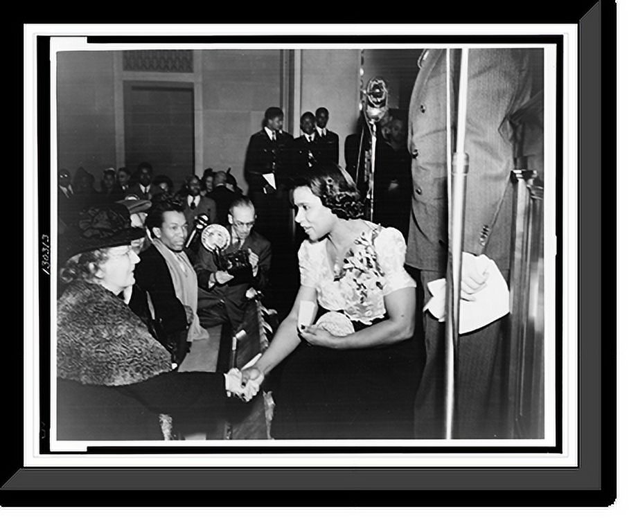 Historic Framed Print, [Marian Anderson shaking hands with woman at ...