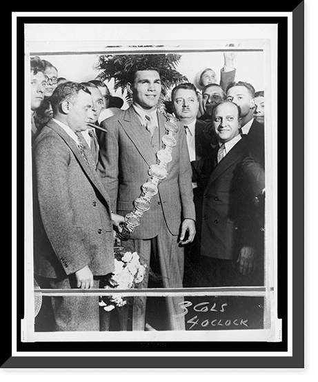 Historic Framed Print, [Max Schmeling wearing heavyweight belt, flanked ...