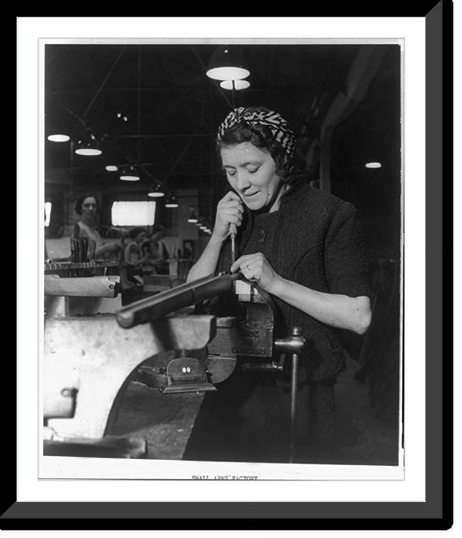 Historic Framed Print, [Mrs. Mary J. Rayling working in a small arms ...