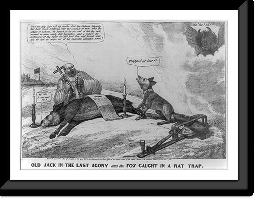 Historic Framed Print, Old Jack in the last agony and the fox caught in ...