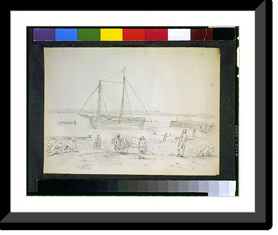 Historic Framed Print, Packet boat grounded for tarring beside wharf ...