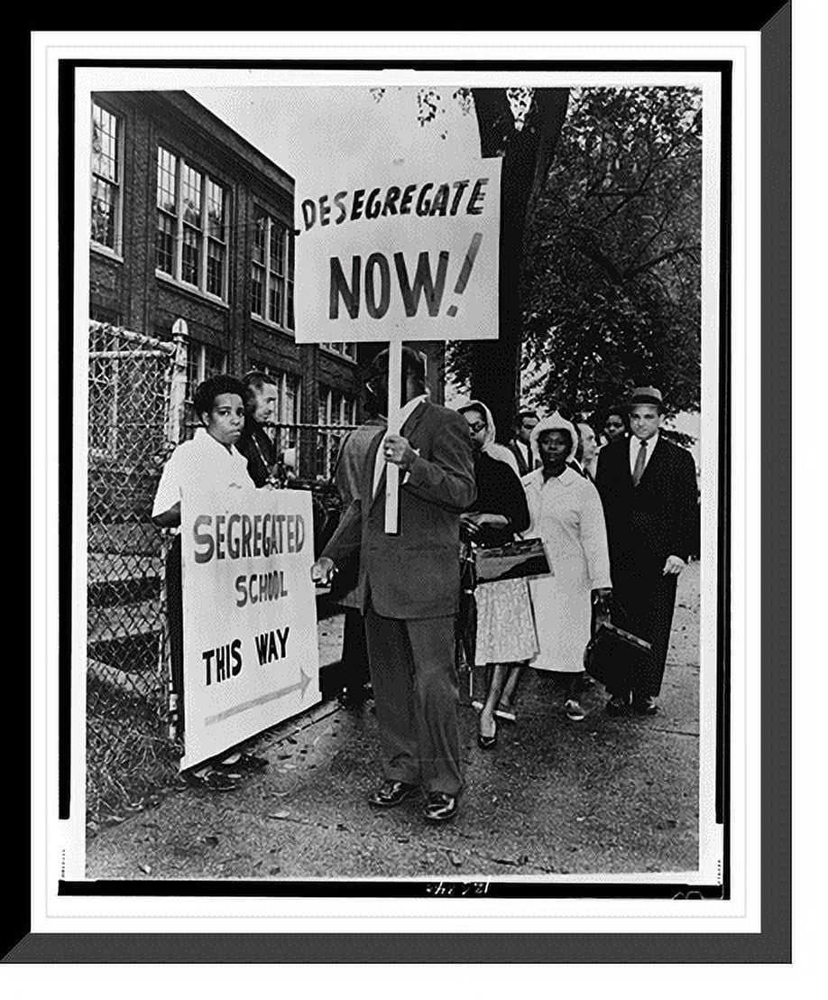 Historic Framed Print, [People, some with picket signs, gather outside ...