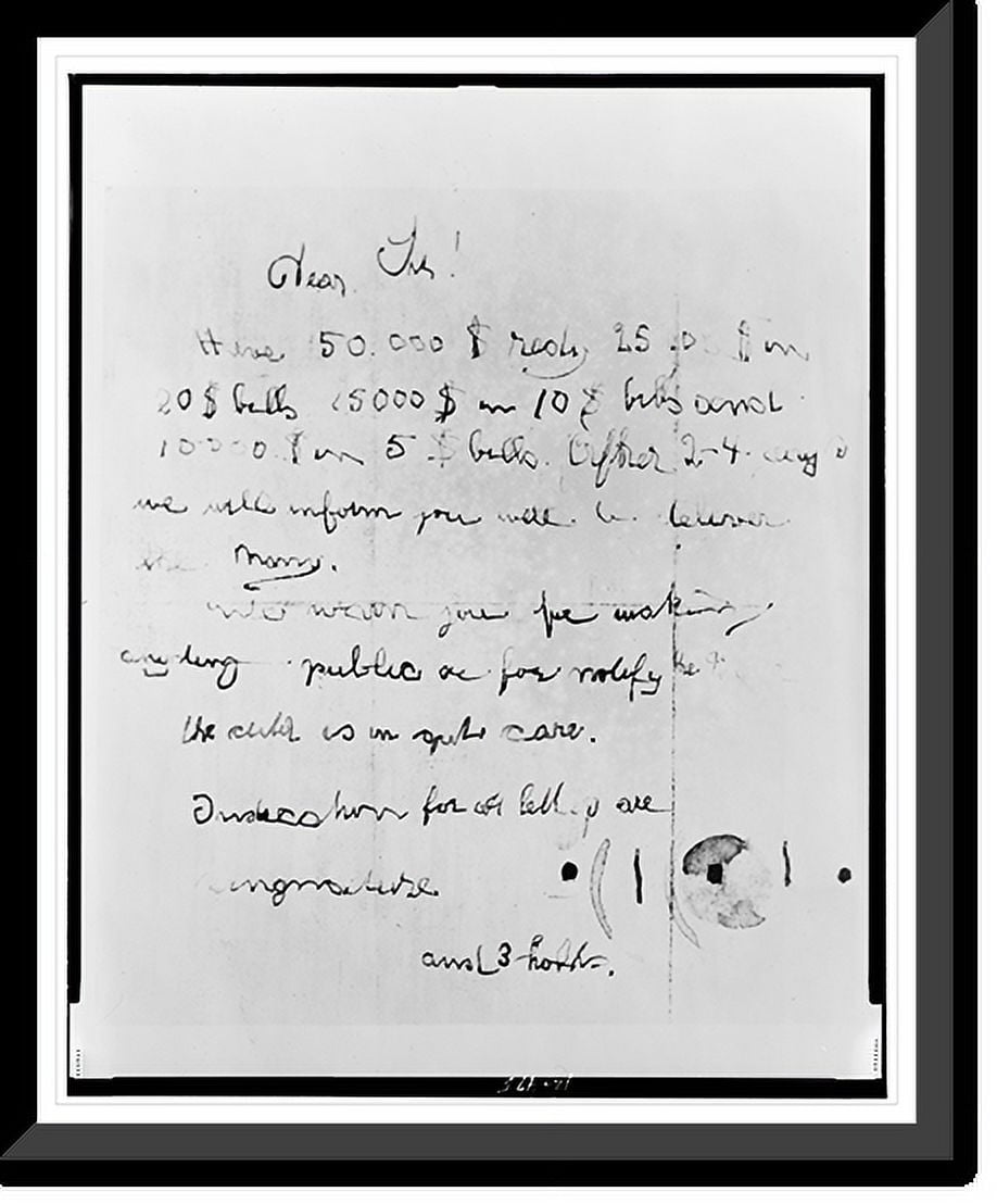 Historic Framed Print, [Photograph of copy of first ransom note pinned ...