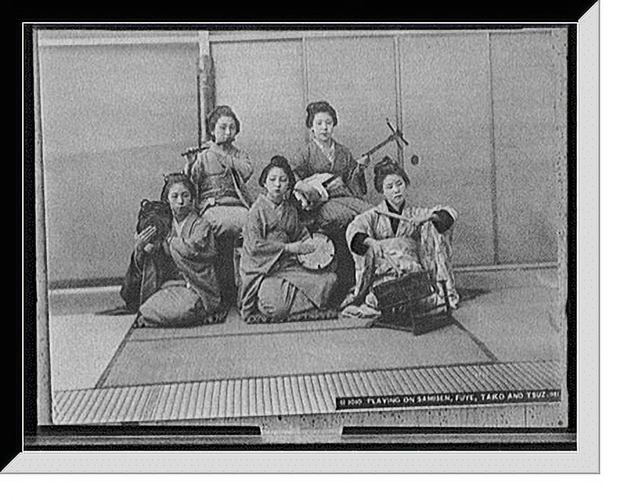 Historic Framed Print, Playing on samisen, fuye, taiko, and tsuzumi, 17 ...