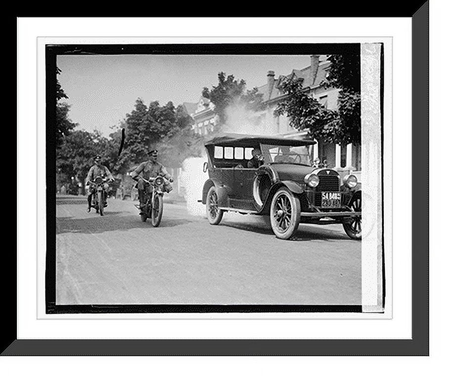 Historic Framed Print, [Police on motorcycles trailing car with smoke ...