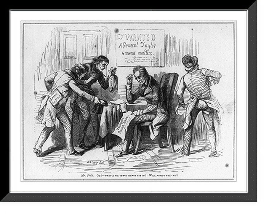 Historic Framed Print, [Pres. Polk sitting dejectedly beneath sign ...
