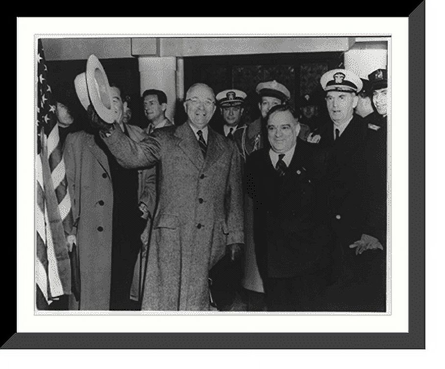 Historic Framed Print, [Pres. Truman waves hat...with Mayor LaGuardia ...