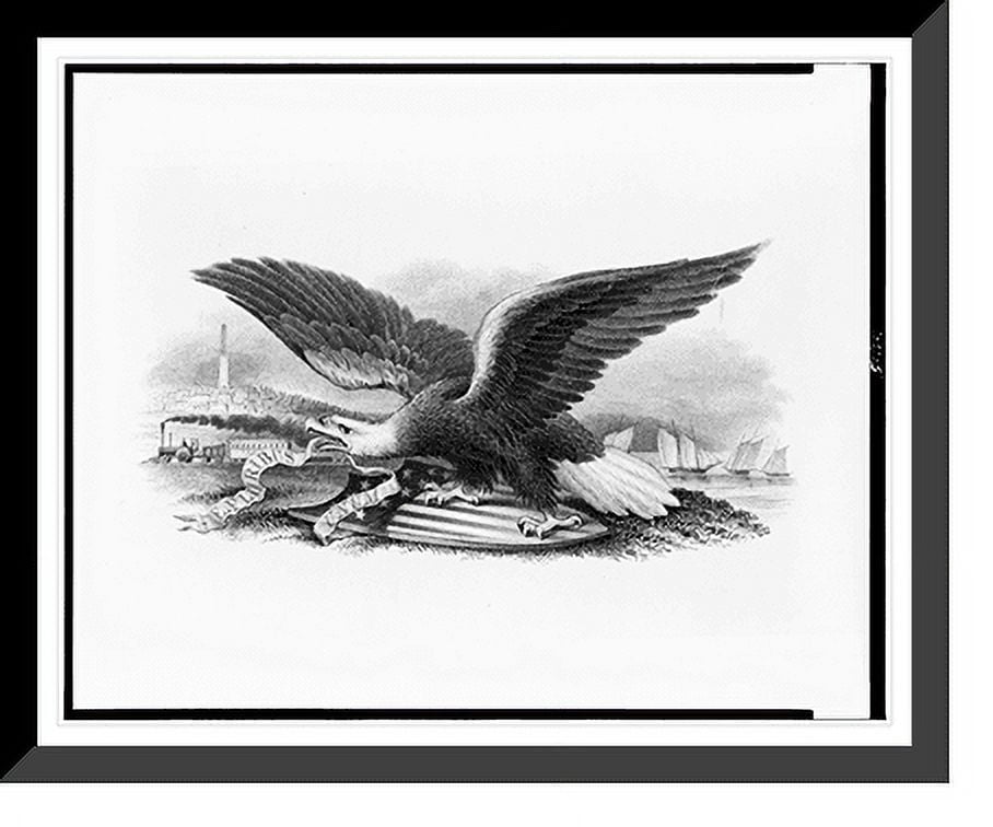 Historic Framed Print, [Proof for bank note vignette, showing eagle on shield, with stars and ...