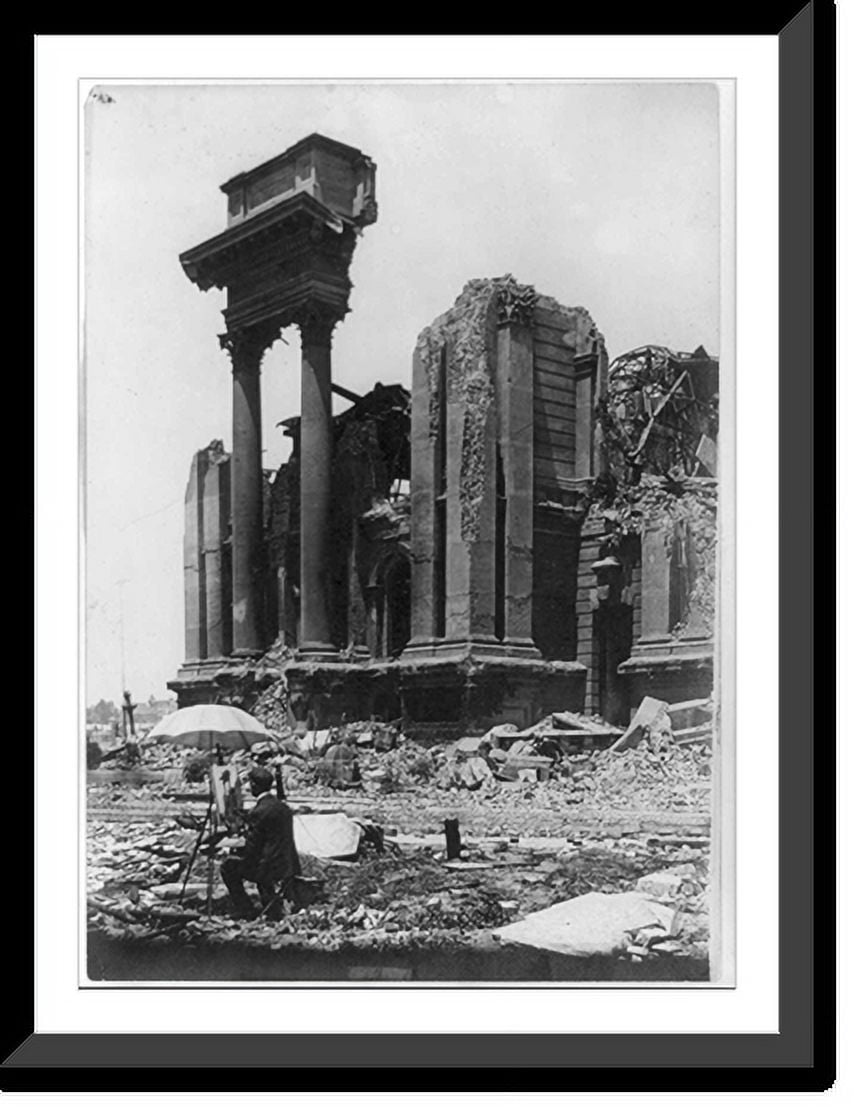 Historic Framed Print, [Scene painter amid earthquake rubble painting ...