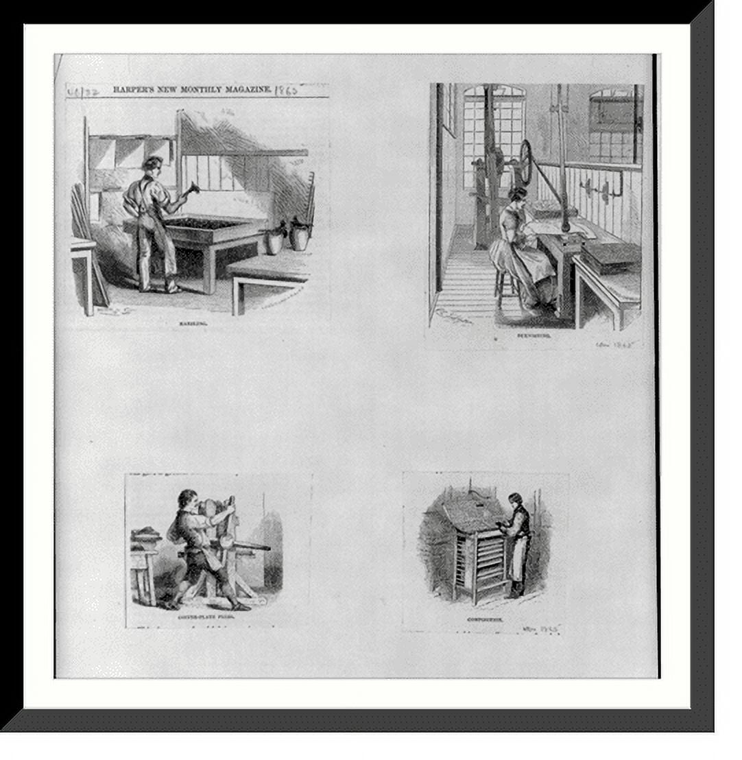 Historic Framed Print, [Scenes in a printing shop: marbling, burnishing ...
