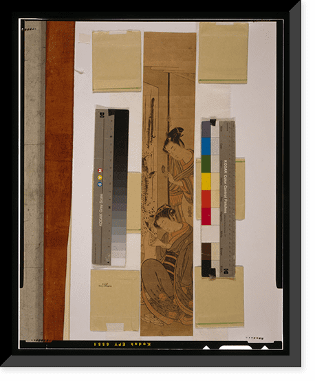 Historic Framed Print, [Seated woman reading a scroll as a young man ...