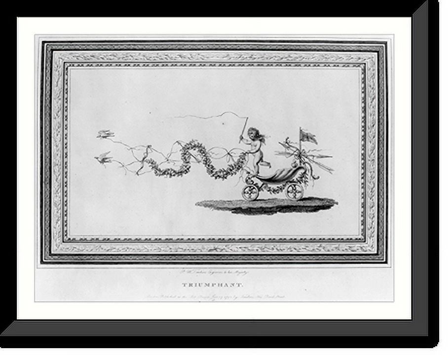 Historic Framed Print, [Sentimental scene of cherub driving bird-drawn ...