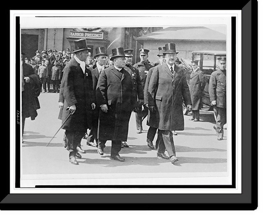 Historic Framed Print, [Several men in top hats and overcoats leave ...