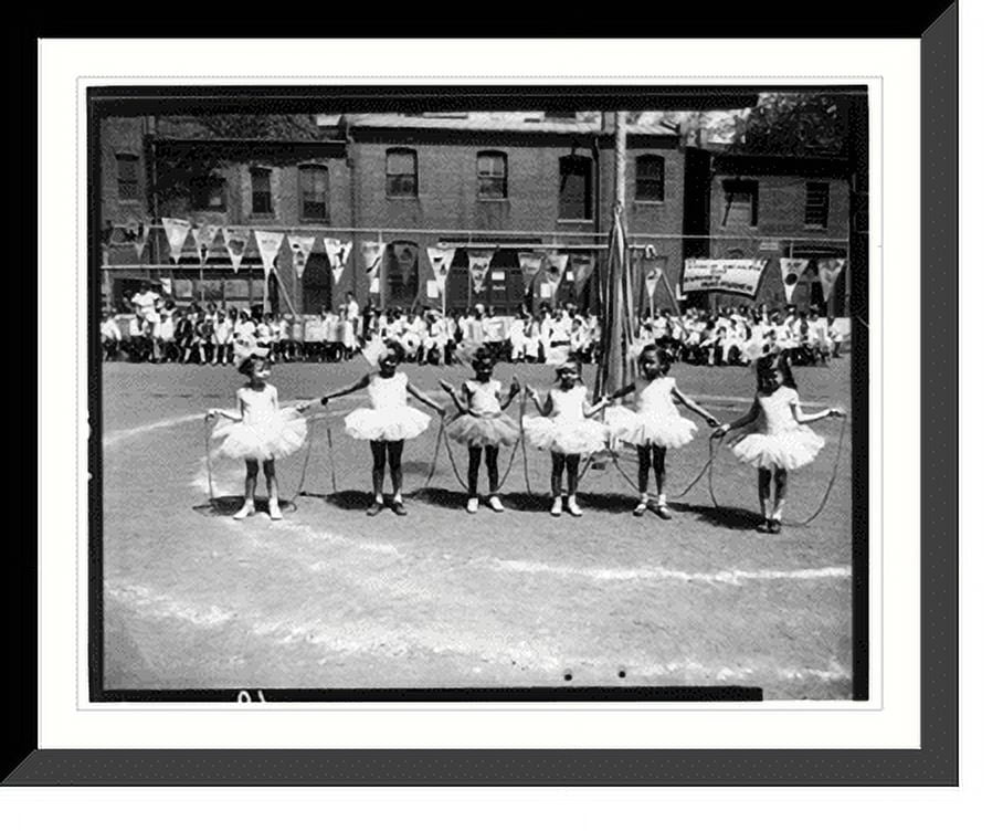 Historic Framed Print, [Six girls in short dresses jumping rope in ...