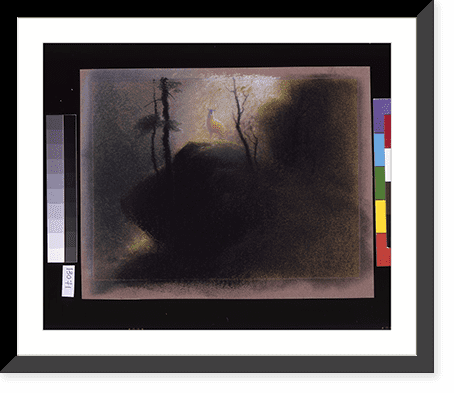 Historic Framed Print, [Stag on top of rocky tor with sparse trees ...