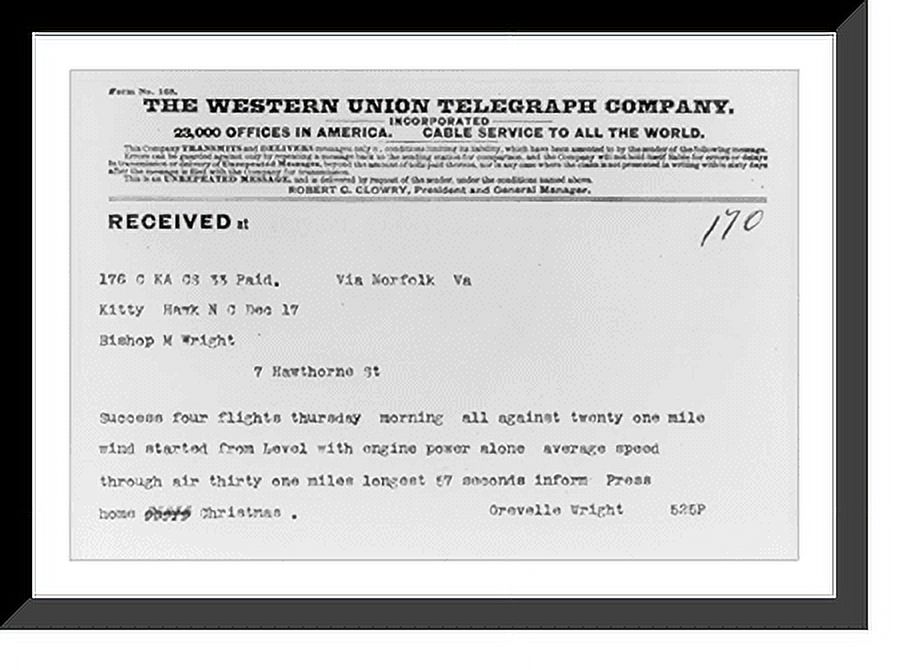 Historic Framed Print, [Telegram from Orville Wright in Kitty Hawk, N.C ...
