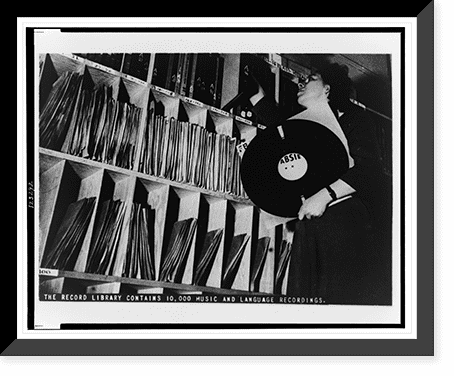 Historic Framed Print, The record library contains 10,000 music and ...