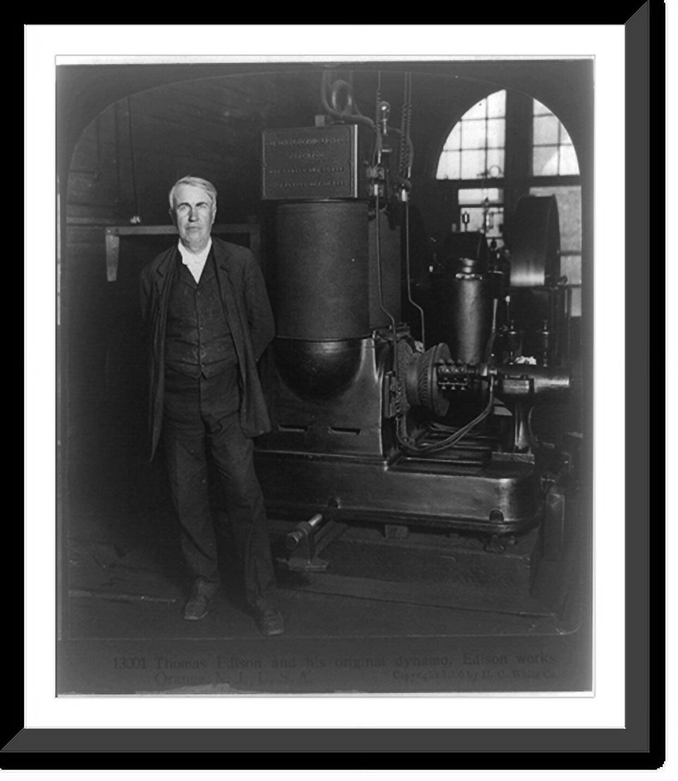 Historic Framed Print, Thomas Edison and his original dynamo, Edison ...