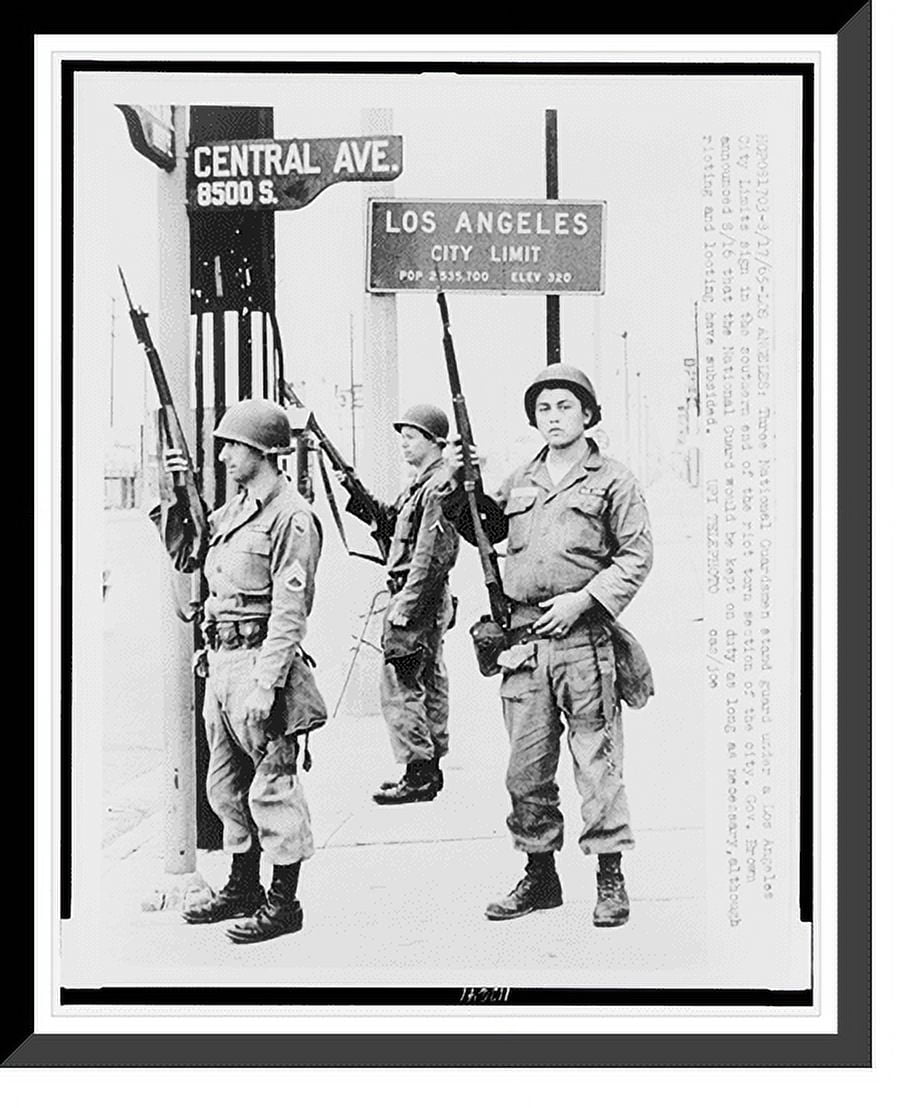 Historic Framed Print, Three National Guardsmen stand guard under a Los ...