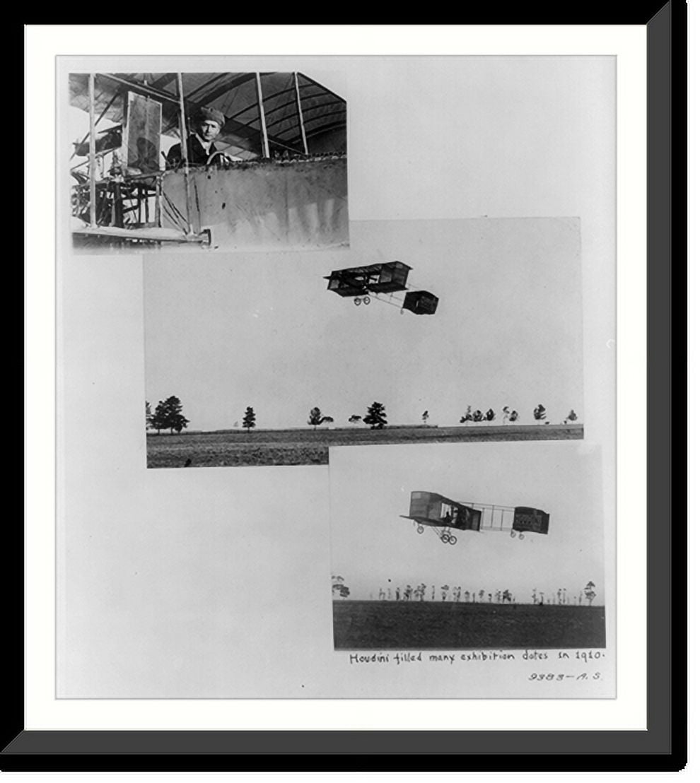 Historic Framed Print, [Three scenes of Harry Houdini as aviator; close ...