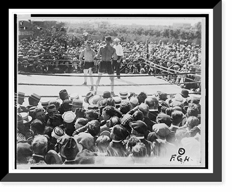 Historic Framed Print, [Two boxers and referee in outdoor boxing ring ...