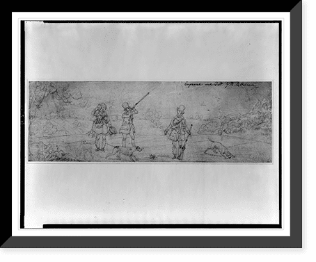 Historic Framed Print, [Two hunters holding guns, three dogs, and man ...