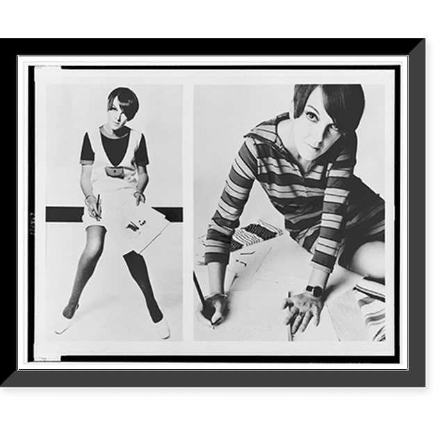 Historic Framed Print, [Two images of Mary Quant, seated, facing front ...