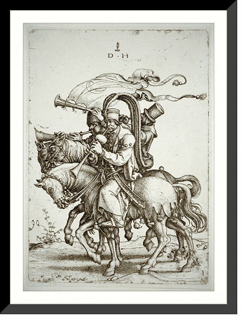 Historic Framed Print, Un trompette ture et deux joueurs de haut-bois ...