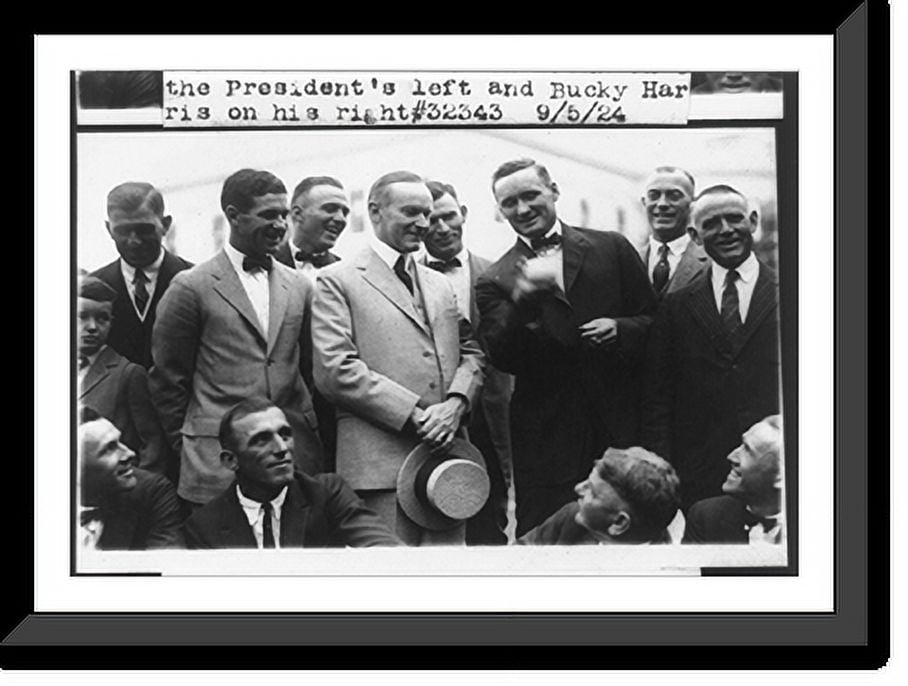 Historic Framed Print, Walter Johnson showing President Coolidge how he pitches his curve ball ...