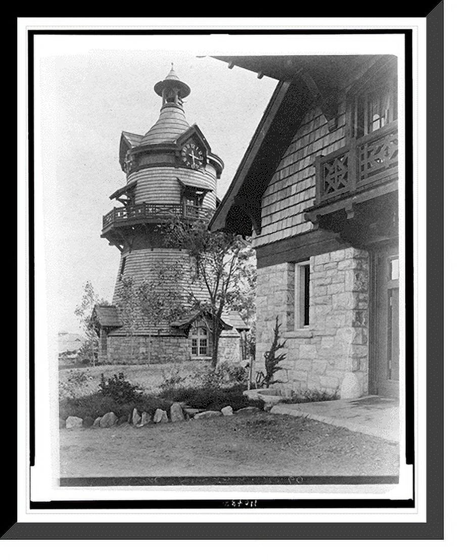 Historic Framed Print, [Windmill-shaped clock tower at left, and part ...