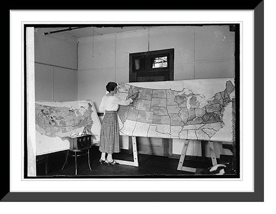 Historic Framed Print, [Woman creating map of United States showing ...