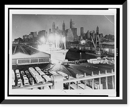 Historic Framed Print, A freighter glows in Brooklyn but Manhattan's ...