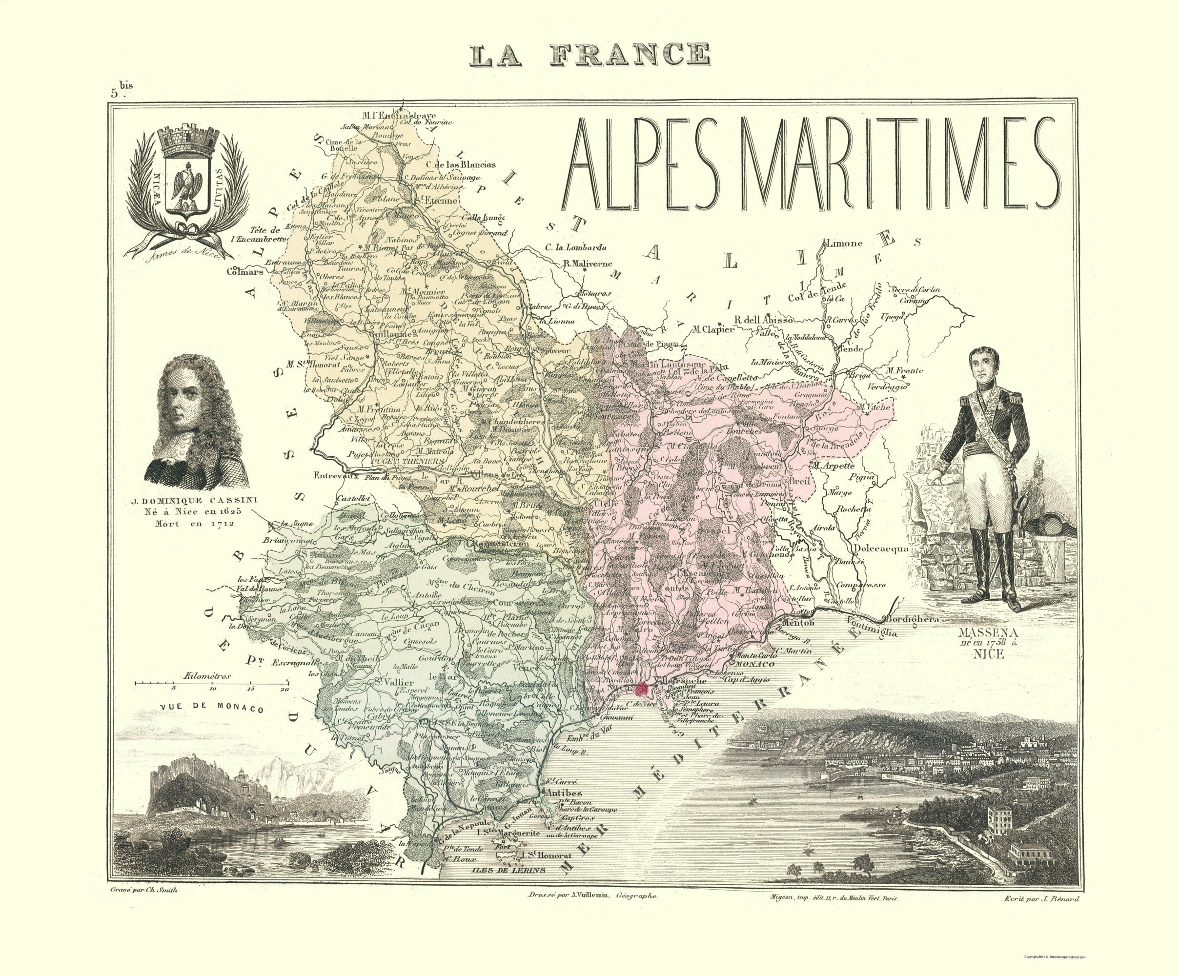 Historic Map - Alpes Maritimes Department France - Migeon 1869 - 23 x ...