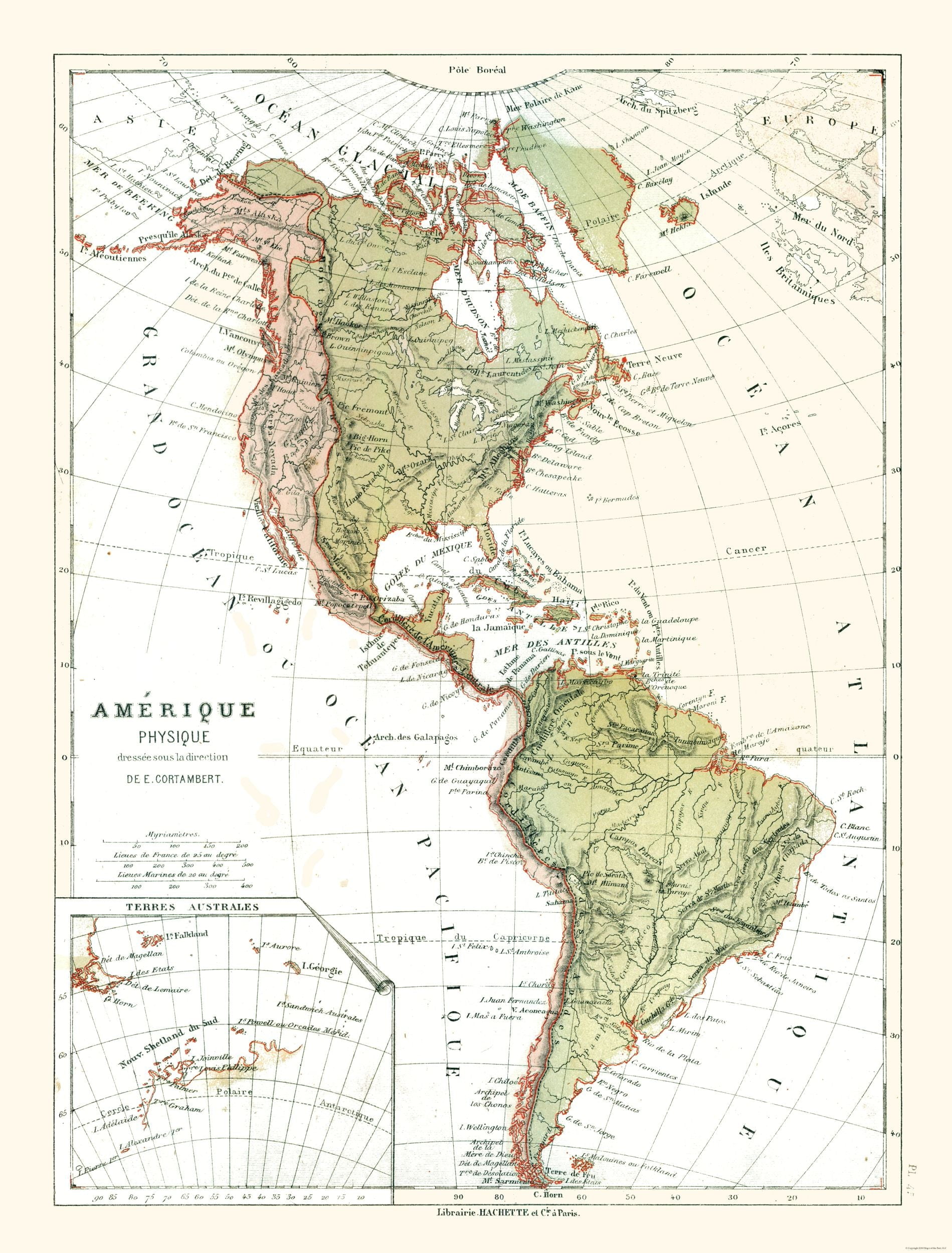 Historic Map - America Physical - Cortambert 1880 - 23 x 30.29 ...