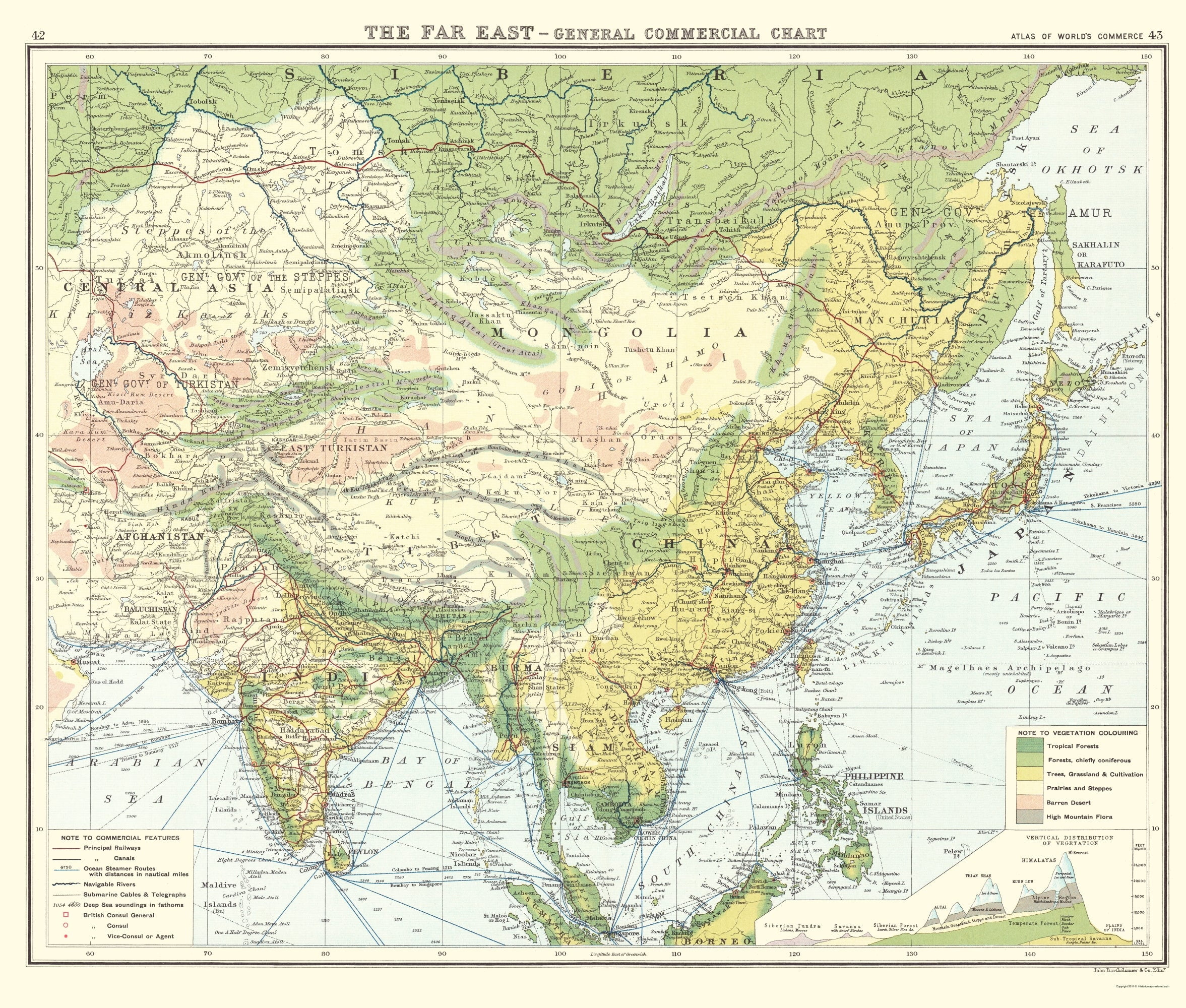 Historic Map - Asia General Commercial Chart - Newnes 1907 - 23 x 27.06 ...